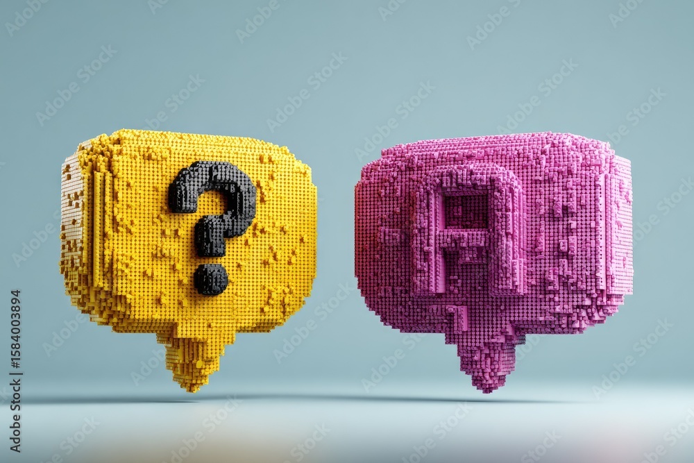 Two 3D block chat bubbles, yellow with a question mark, pink with an ...