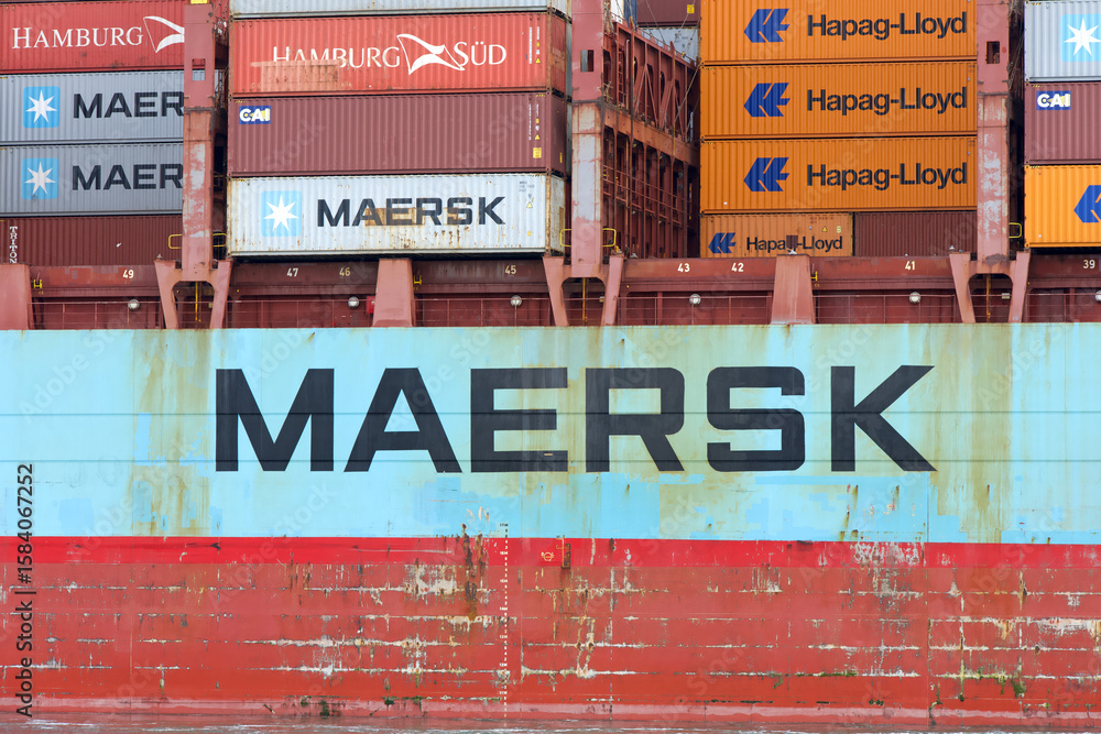 Oakland, CA - July 14, 2025: Maersk logo on side of cargo ship GERD ...