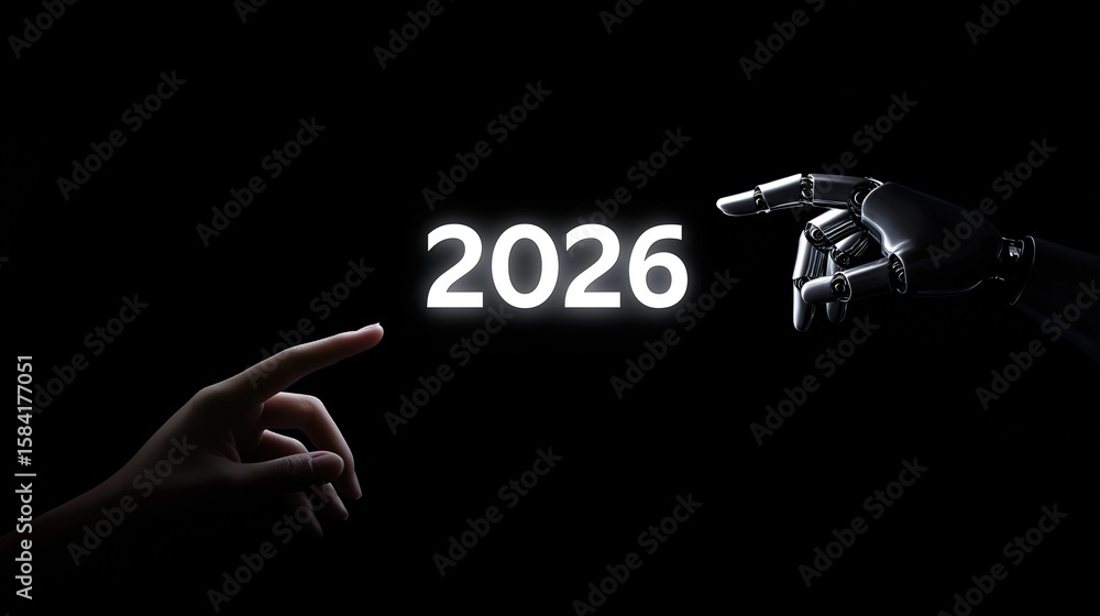 An AI agent and human hand reaching for the new year 2026 symbolizing ...