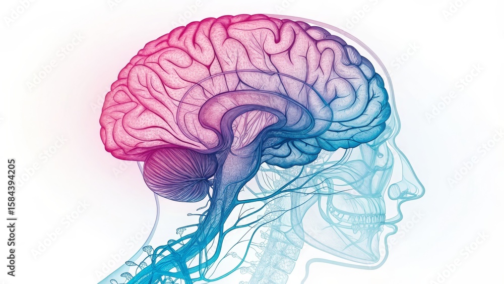 Pink and Blue Brain Anatomy Illustration Central Nervous System ...