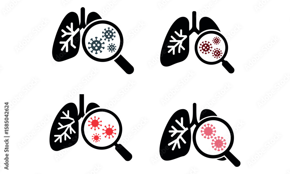 Lung infection icon set with magnifying glass and virus symbols for ...