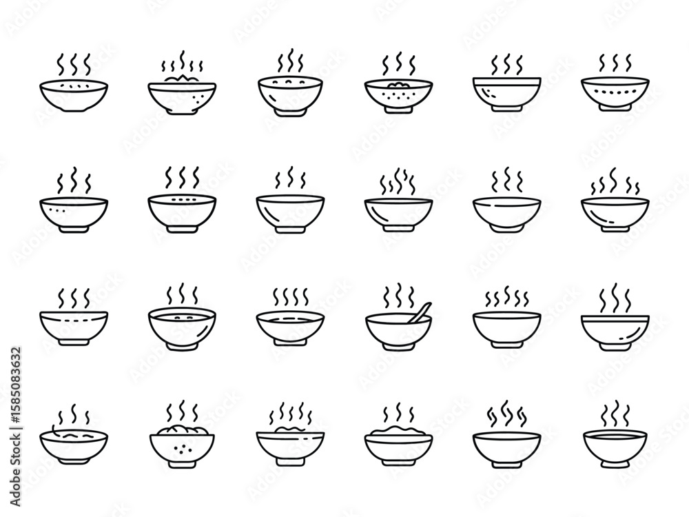 Hot Soup Bowl Icons Collection - Vector Line Art Food Symbols with ...