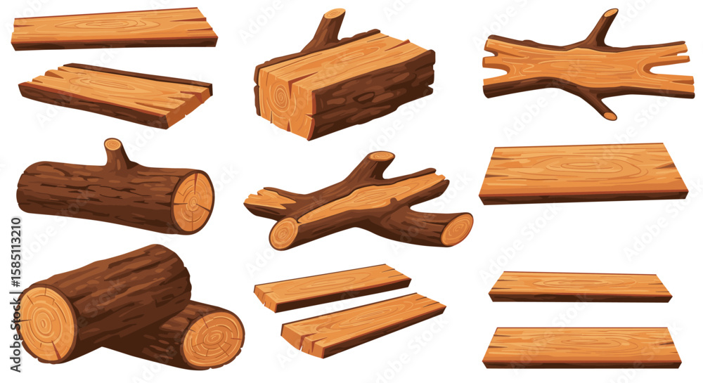 Cartoon wood elements: logs, planks, and branches for game design Stock ...