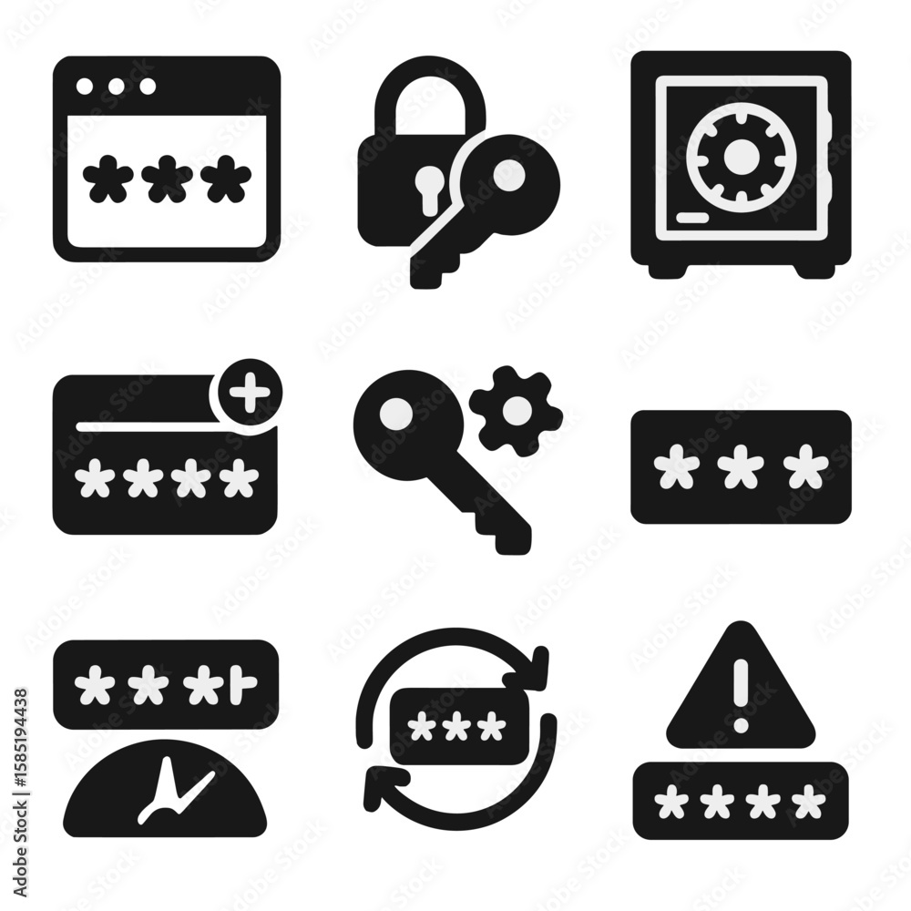 Password Icons Collection. Solid style icons of password management ...
