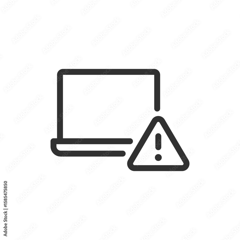 Laptop with warning sign, linear icon. System error, software alert ...