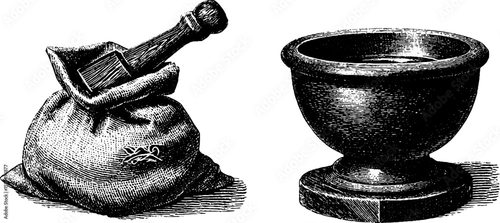 Historical engraving of traditional miller tools and millstone for ...