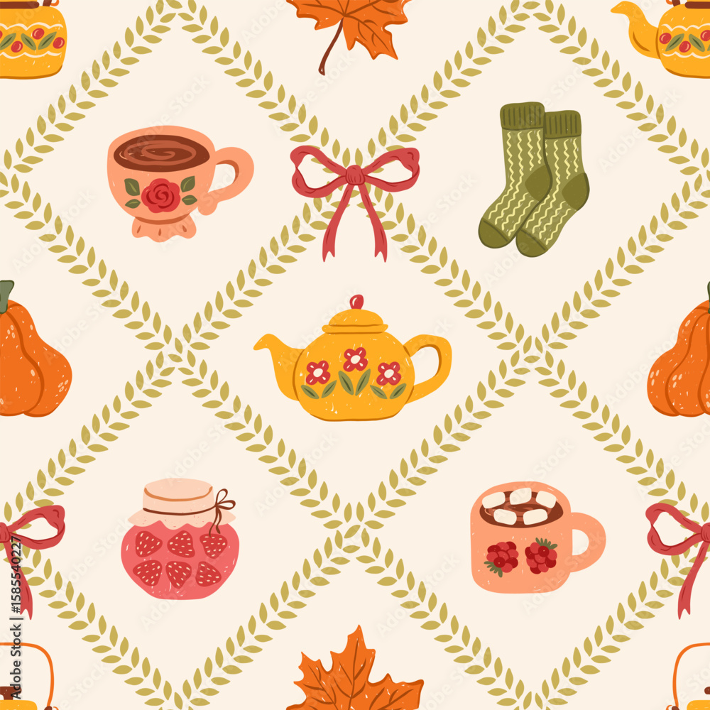 Vintage cute fall patchwork seamless pattern with bows, pumpkins ...