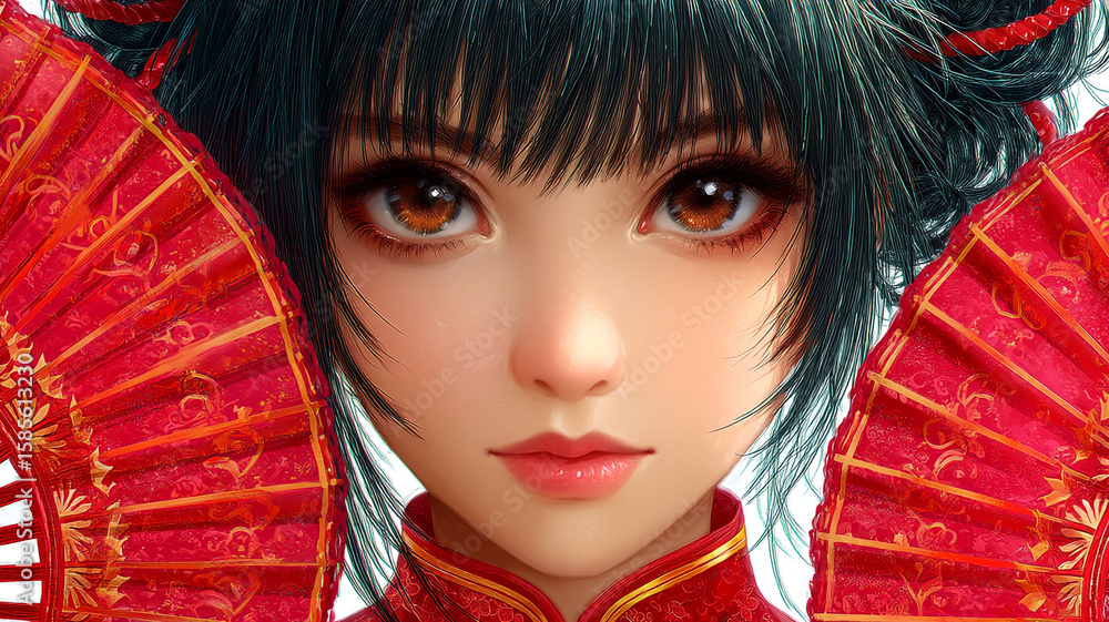 Anime Style Portrait of a Girl in Traditional Chinese Clothing with Fan ...