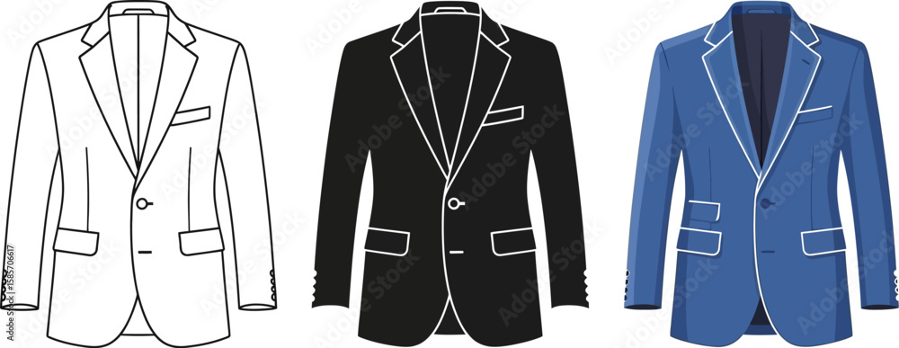 Three styles of men s suits a white outline a black silhouette and a ...
