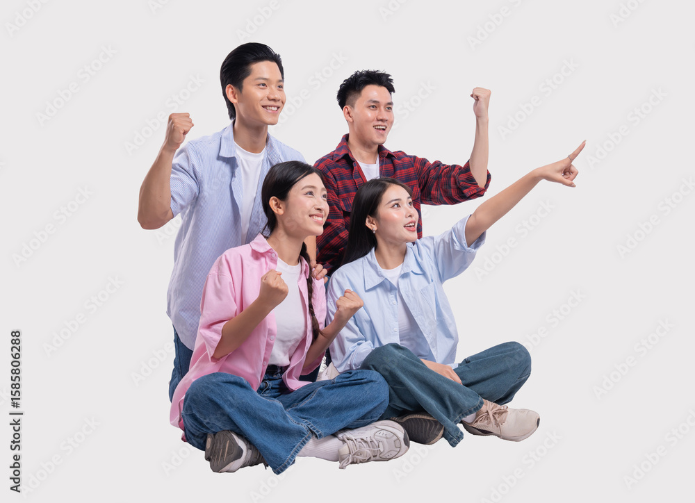 Four young friends cheer together Two women are sitting while two men ...