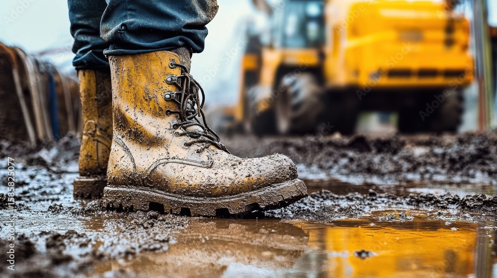 A construction worker’s muddy boots stand on a wet- muddy worksite ...