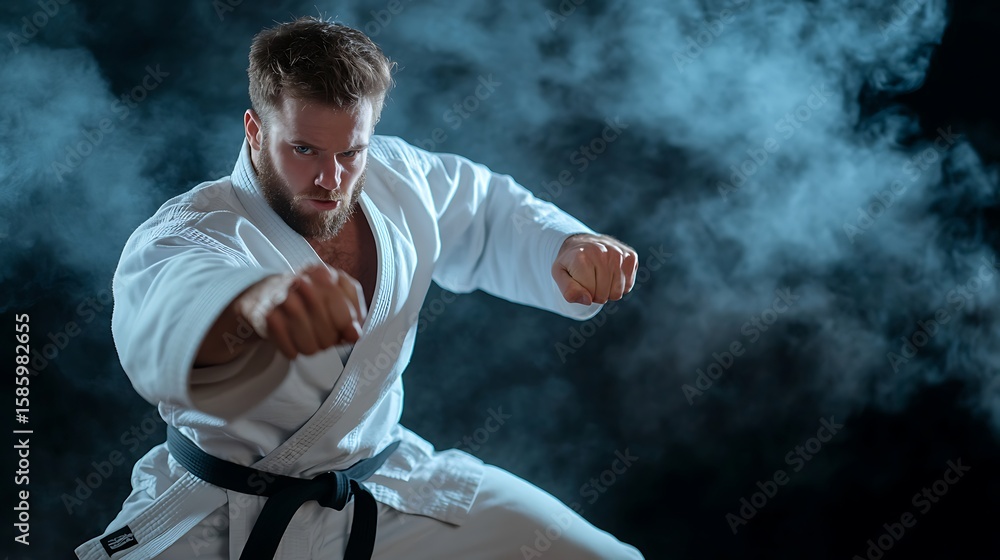 Stock-Foto „Karate master demonstrating perfect kick technique dojo ...