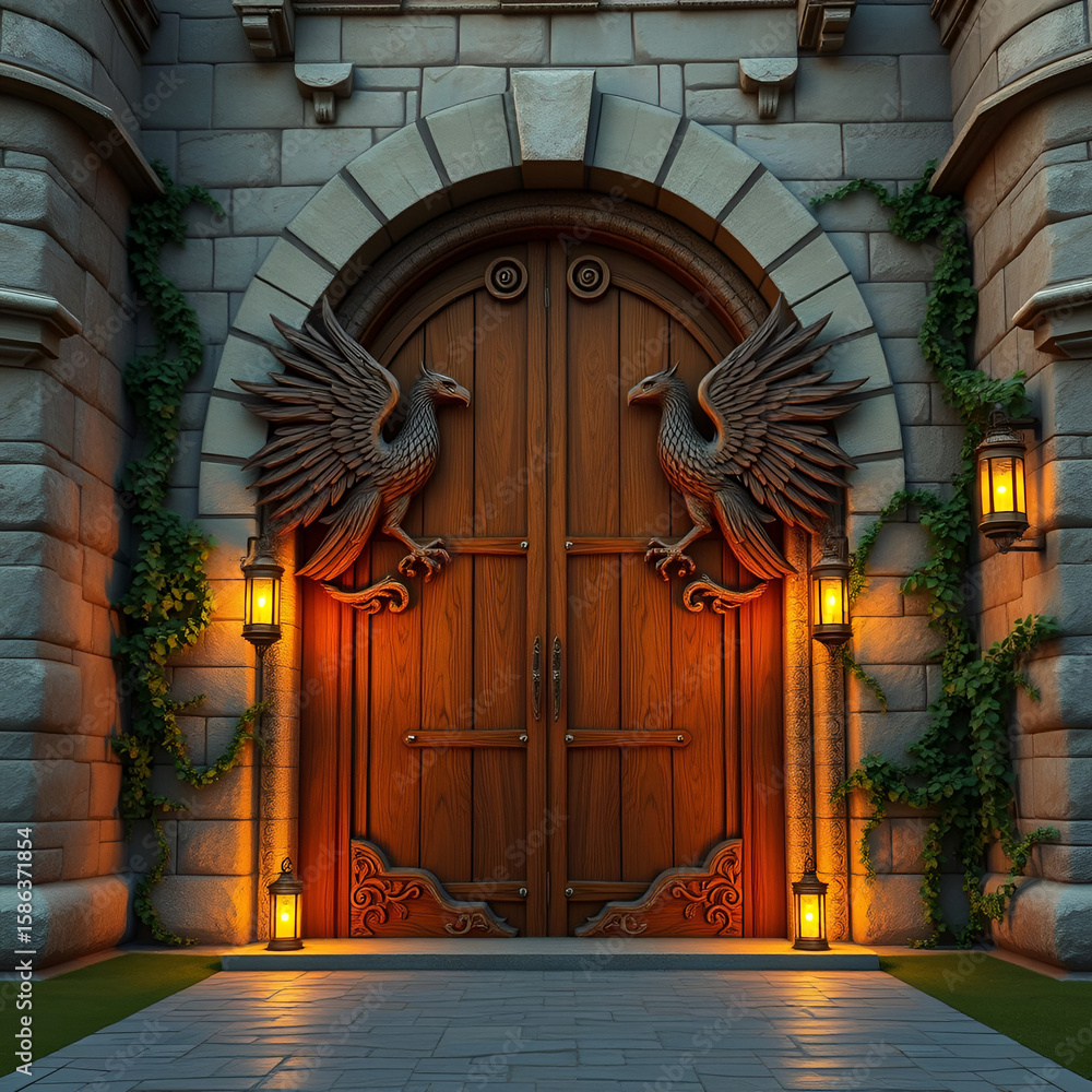 Castle entrance wooden doors with griffins and stone walls fantasy ...