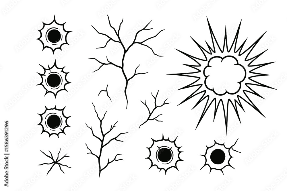 Bullet holes, cracks, and explosion line art set. Vector illustration ...