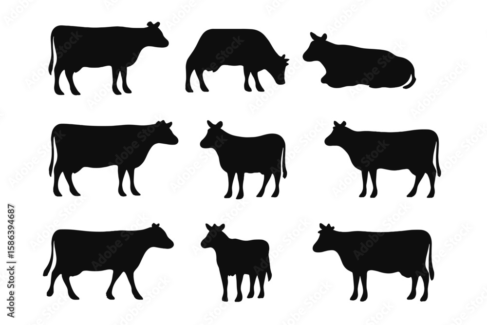Cow silhouette collection. Farm animal vector icon set. Cattle and ...