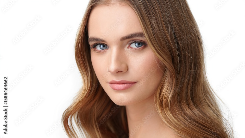 Rostro impecable de un modelo con maquillaje natural, labios brillantes ...