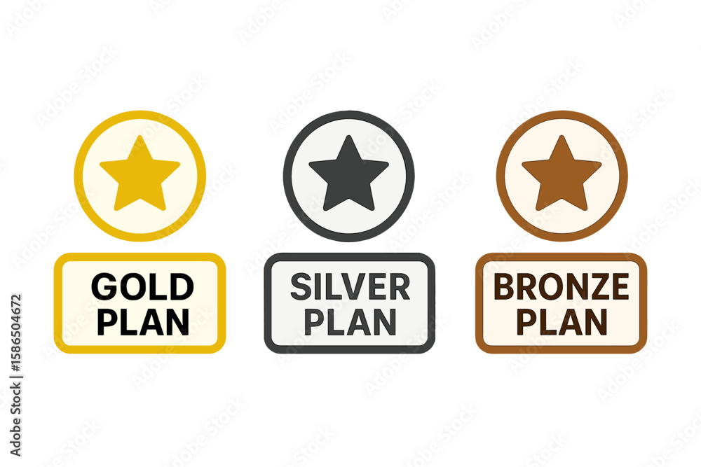 Membership plan icons with gold, silver, and bronze tiers. Vector set ...