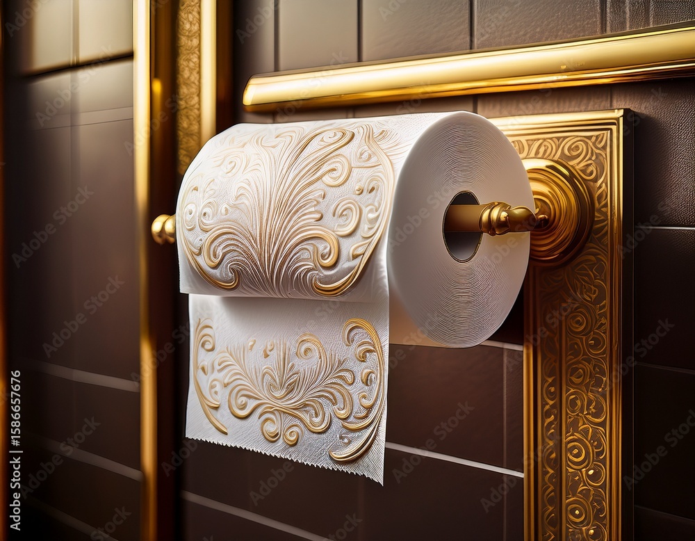 white embossed toilet paper roll displayed on a golden ornate stand in ...