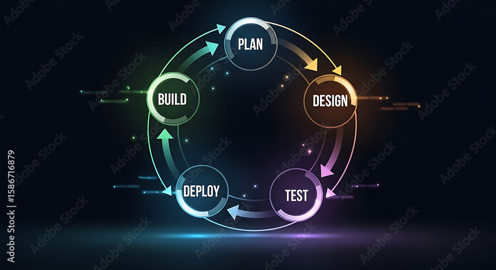 Circular diagram showing a software development lifecycle with steps ...
