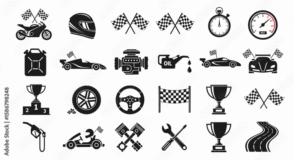 Motor Racing Icons Race Car, Trophy, and Motorsport Essentials in Sleek Vector Style Stock ...