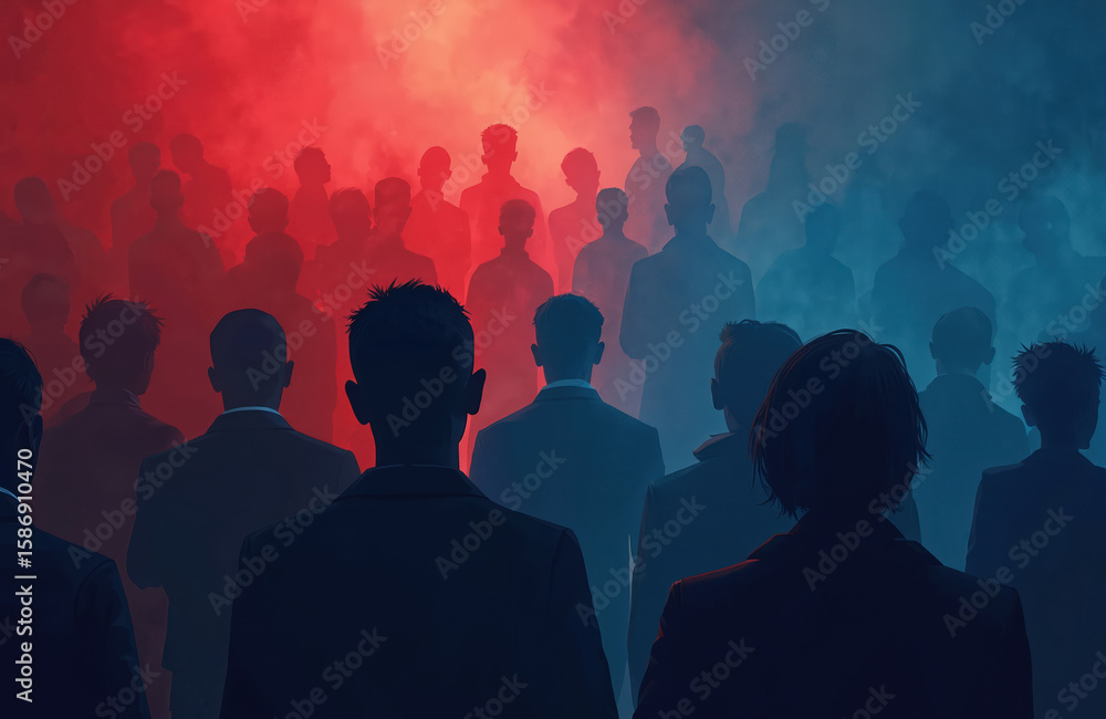Stock-Foto „Silhouettes of crowds in contrasting red, blue colors ...