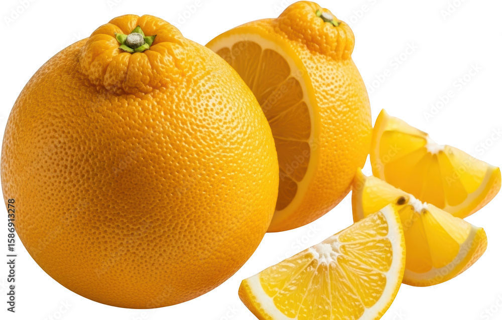 Whole and sliced sumo citrus fruit a vibrant orange fresh ripe with a ...
