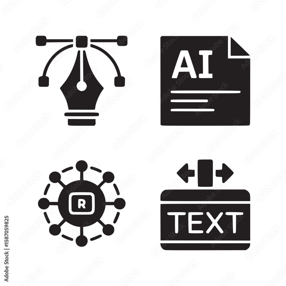 Four icons displaying a vector pen ai file a network with the letter r ...