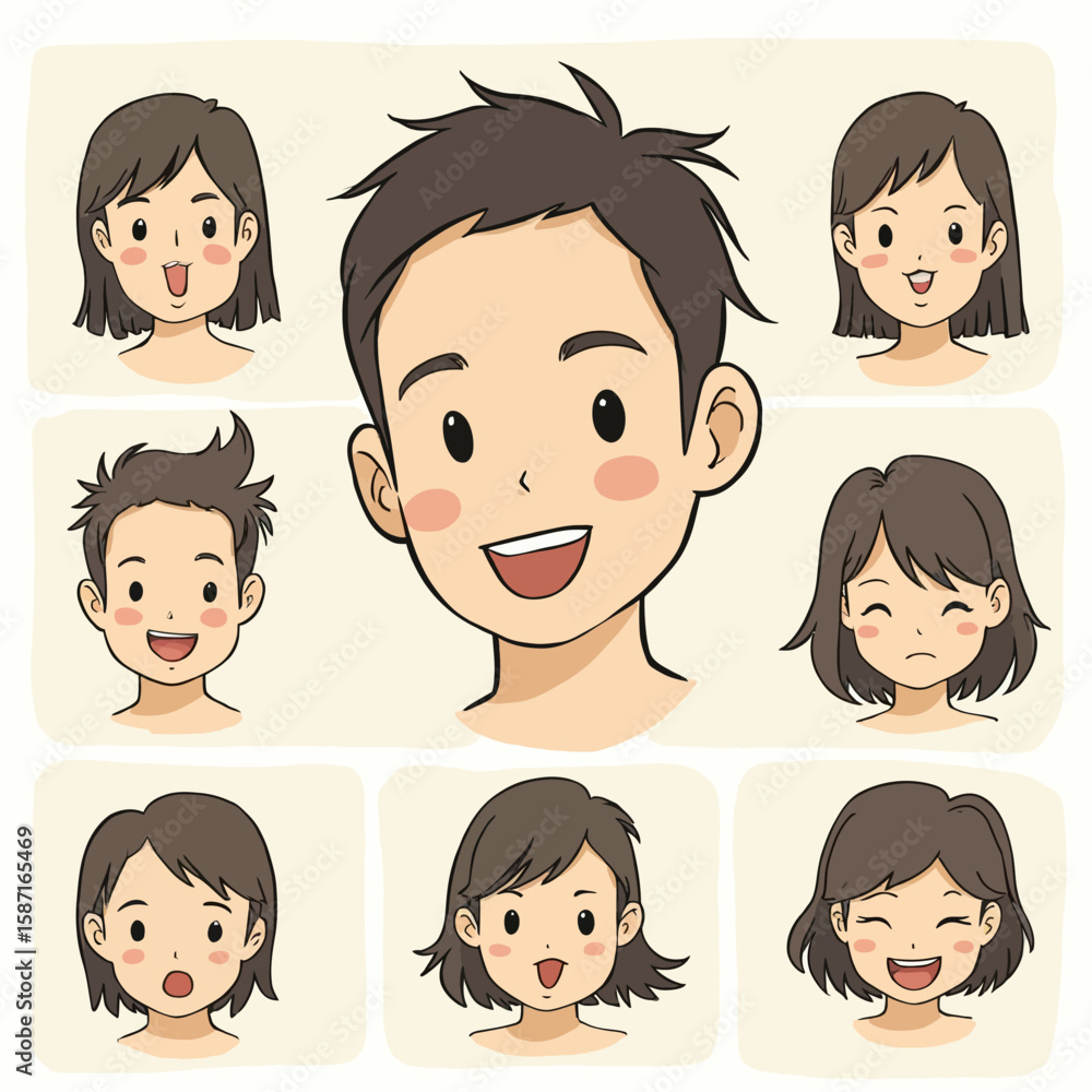 Cartoon illustration of seven different faces with varying expressions ...