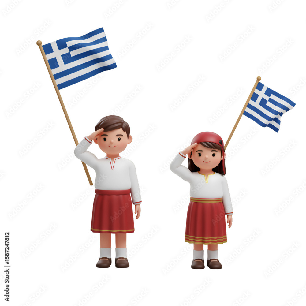 Two cartoon children, a boy and a girl, salute while holding Greek ...