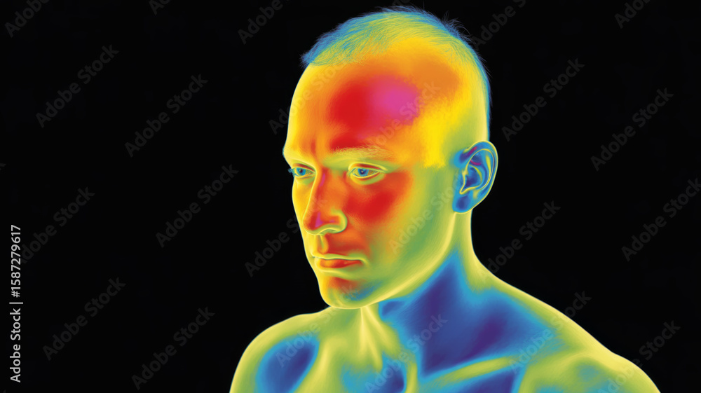 Heat stroke. Thermal image man head face heat temperature colorful ...