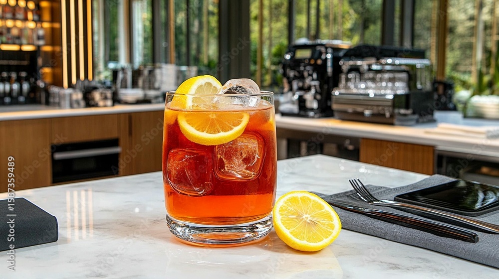 Iced tea with lemon refreshing summer beverage in modern cafe setting の ...