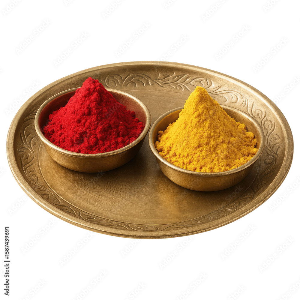 Brass tilak tray with red kumkum and yellow turmeric powder used in ...
