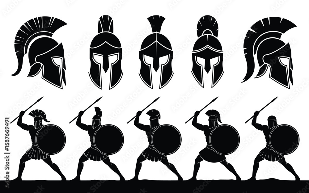 Ancient Greek Warrior and Helmet Silhouette Set – Combat Poses and ...