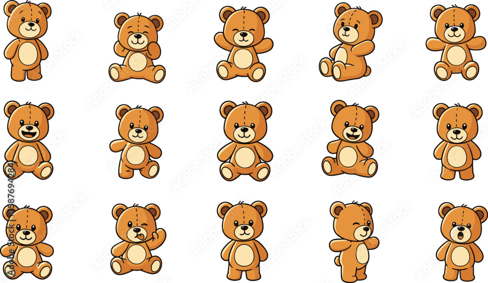 Fifteen cute cartoon teddy bear characters with various poses and ...