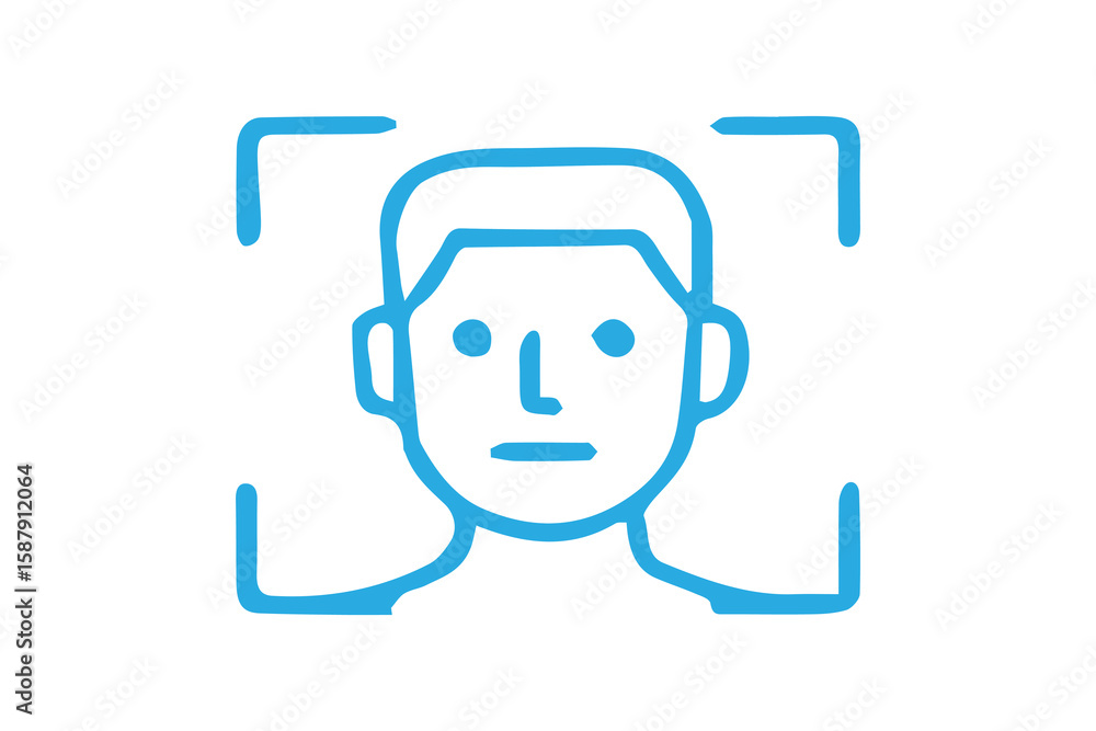 The image is a simple, bold blue line art icon depicting a human face ...
