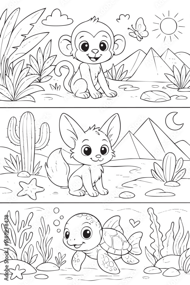 Cute desert and ocean animals including monkey, fennec fox, and turtle ...