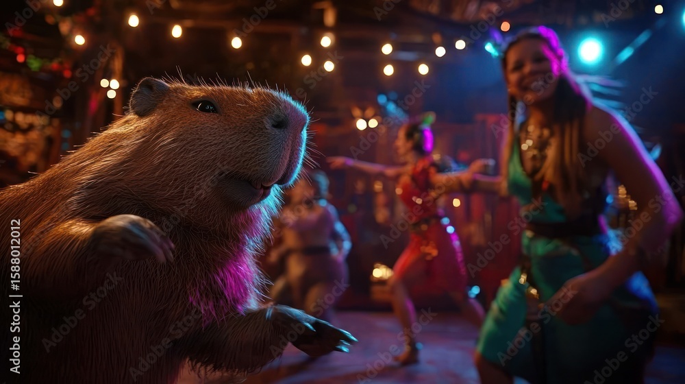 Capybara joining a vibrant dance party with people in colorful costumes ...