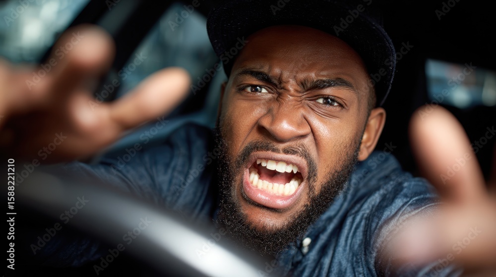 Frustrated Driver: African American Male in His 20s Expressing Anger ...