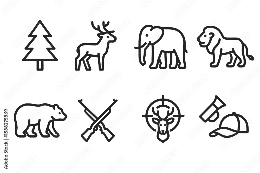 Wildlife symbols representing forest animals, hunting tools, and nature ...