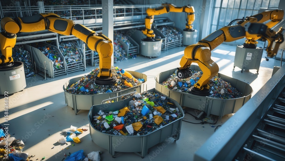 Automated robotic arms sorting various types of waste in a modern recycling facility with bright ...