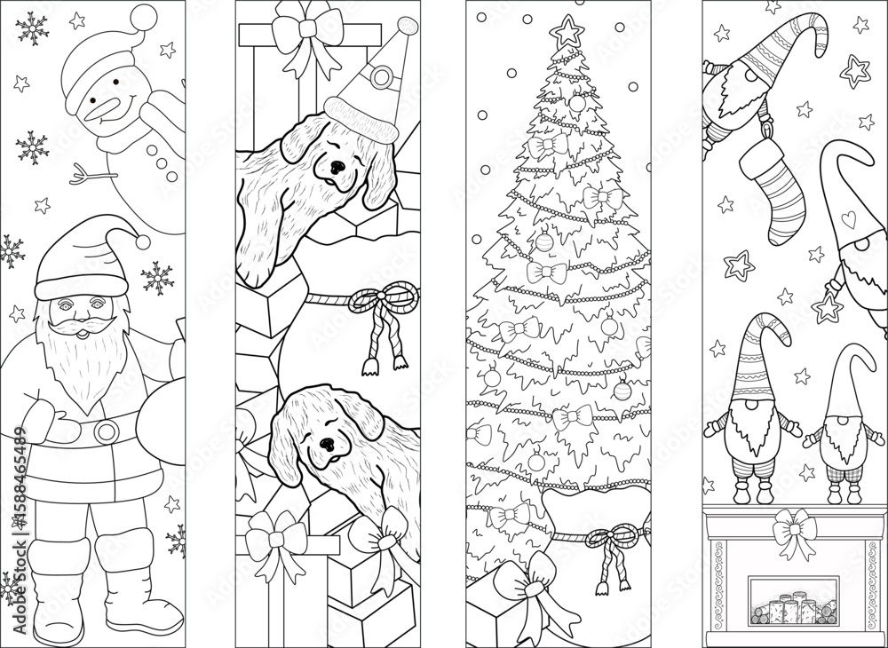 Coloring bookmarks for adult and children: Christmas tree, Santa Claus ...