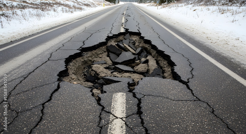 Road collapse winter damage asphalt highway cracks infrastructure ...