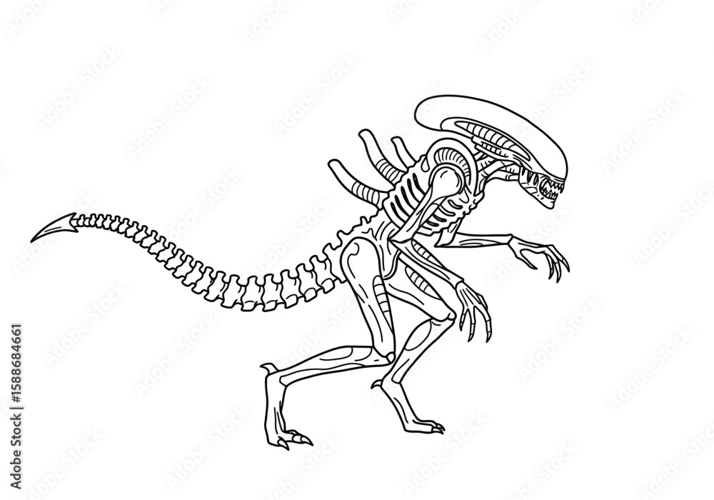 Alien xenomorph drawing. It is a black and white outline image of a ...