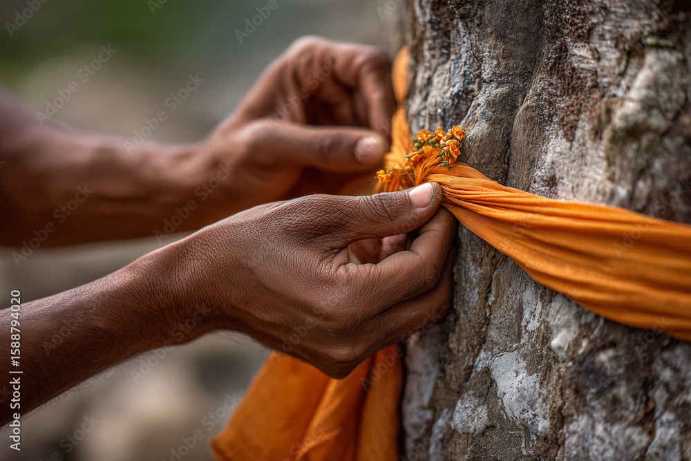 Ritual of tying orange cloth to tree as a Sawan prayer for Lord Shiva ...