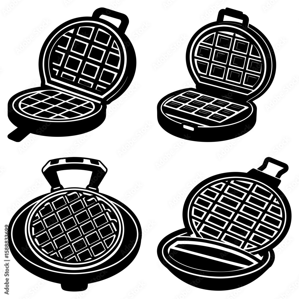Four waffle makers with grid patterns in various open positions on a ...