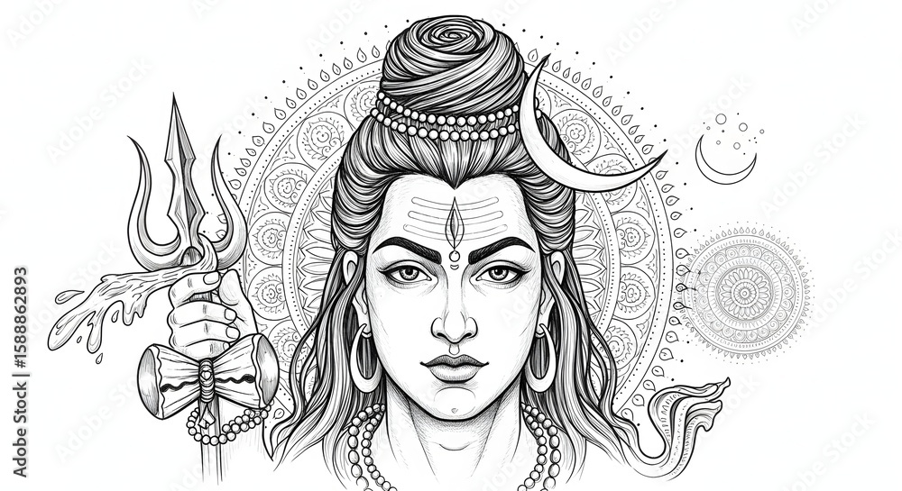 Serene Black and White Line Art Portrait of Lord Shiva, Mandala ...