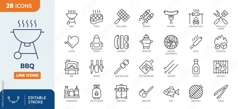 Vetor BBQ line editable icon set. Contain icons related to BBQ barbecue ...