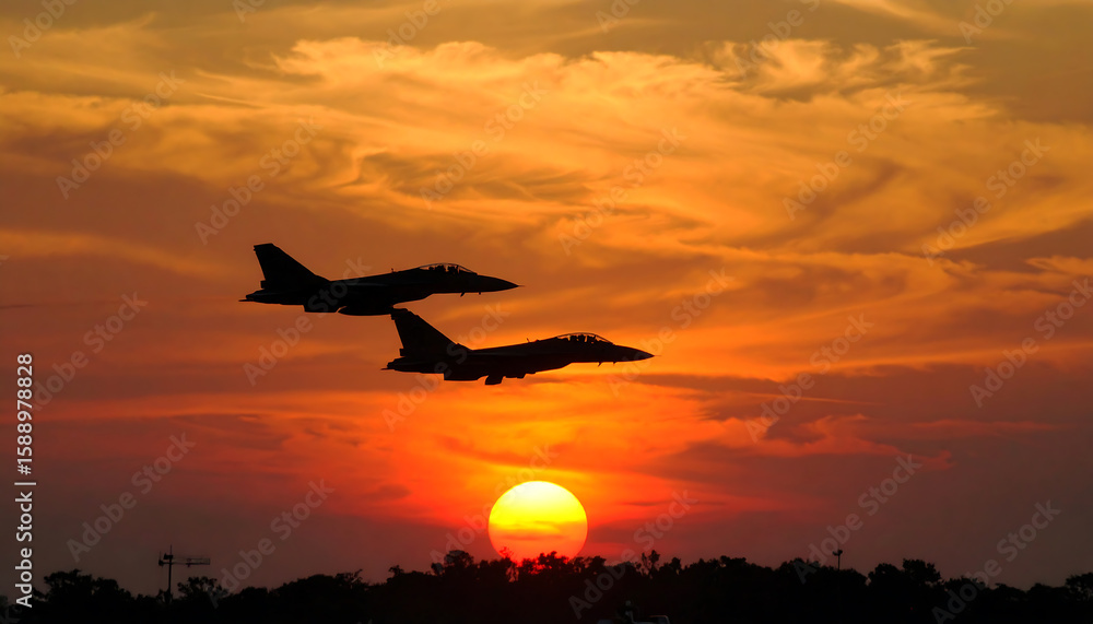 sunset with a powerful and dynamic photograph of two military fighter ...