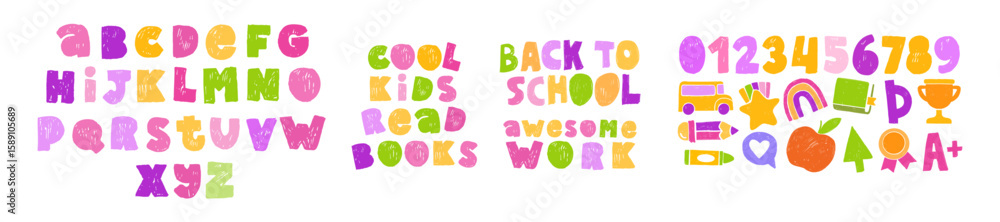 Kindergarten cartoon alphabet, kids cute font, vector hand drawn crayon ...