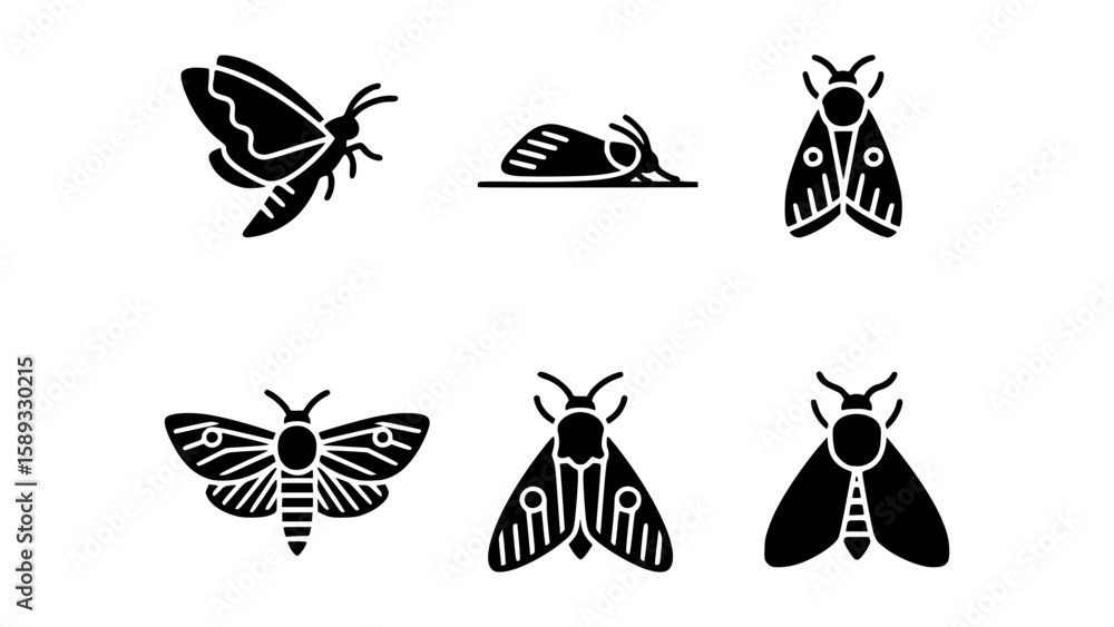 Six types of moth icon illustrations in black color. Different moth ...